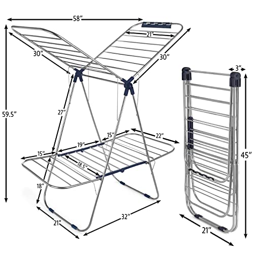 Luxe Laundry Premium Clothes Drying Rack, Foldable 2-Layer Stainless Steel Drying Rack, Free Standing with Height Adjustable Wings, Stainless Steel, Sock Clips, Towel Rack, Clothes, Blue