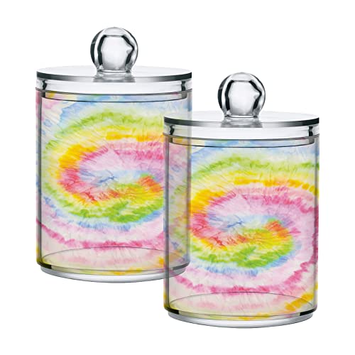 xigua 2 Pack Qtip Holder Dispenser Rainbow Tie Dye 10 Oz Bathroom Organizer with Lids Storage Canister for Cotton Ball,Cotton Swab,Cotton Round Pads,Floss#599