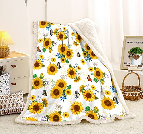 Sunflower Blanket Sunflower Gifts for Women Throw Blanket,Sunflower Gifts Bedding Decor White Throw Blanket,Sunflower Stuff Decorations Warm Soft Sherpa Thick Blanket for Bed Sofa Office