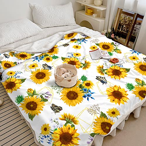 Sunflower Blanket Sunflower Gifts for Women Throw Blanket,Sunflower Gifts Bedding Decor White Throw Blanket,Sunflower Stuff Decorations Warm Soft Sherpa Thick Blanket for Bed Sofa Office