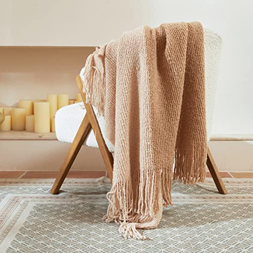 ZonLi Textured Throw Blanket, 45” x 65”, Bulky Knit with Fringe Tassel, Splicing Dual-Color, Oat and Light Brown, for Sofa Chair Couch Bed Living Bed Room