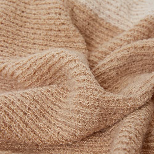 ZonLi Textured Throw Blanket, 45” x 65”, Bulky Knit with Fringe Tassel, Splicing Dual-Color, Oat and Light Brown, for Sofa Chair Couch Bed Living Bed Room