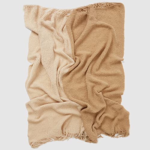 ZonLi Textured Throw Blanket, 45” x 65”, Bulky Knit with Fringe Tassel, Splicing Dual-Color, Oat and Light Brown, for Sofa Chair Couch Bed Living Bed Room