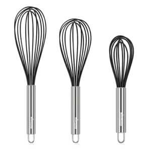 nilehome whisk commercial whisks stainless steel & silicone non-stick coated small whisk set 8" 10" 12" kitchen wisk wire whisks for cooking 3 pack, black