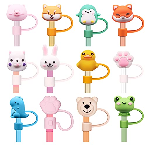 12Pcs Animals Straw Tips Cover,Reusable Frog Straw Covers Cap,Dust Proof Drinking Straw Tips Lids for 6-8mm,Cartoon Cute Straw Cap Lids Cap,Portable Straw Caps Decoration(12PCS Animal Style)