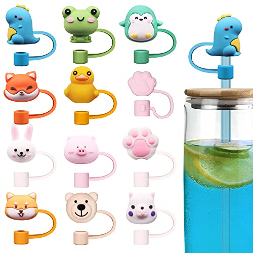 12Pcs Animals Straw Tips Cover,Reusable Frog Straw Covers Cap,Dust Proof Drinking Straw Tips Lids for 6-8mm,Cartoon Cute Straw Cap Lids Cap,Portable Straw Caps Decoration(12PCS Animal Style)