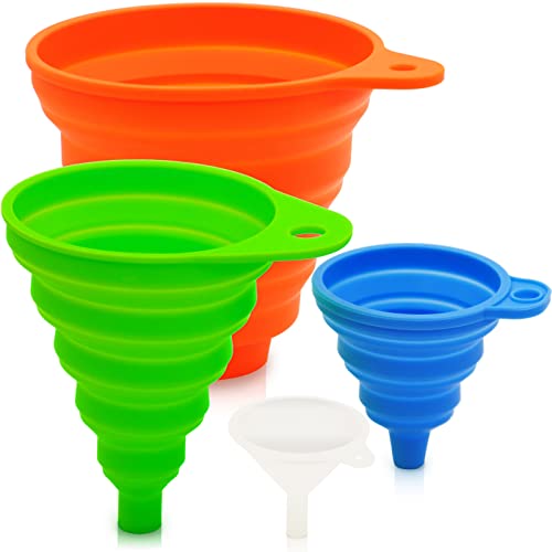 4 Different Sizes Kitchen Funnel, Funnels for Filling Bottles, Food Grade Silicone Collapsible Funnel, Premium Canning Funnel/Food Funnel, Large Funnel for Wide Mouth Jar, Medium/Small/Mini Funnel Set