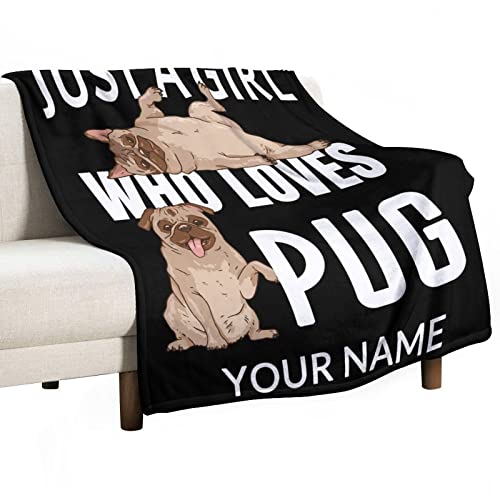 Personalized Pug Blanket with Name Text, Soft Fleece Flannel Pug Throw Blanket, Pug Lovers Gifts Fuzzy Cozy Warm Lightweight for Bed Couch Living Room (50"x60")