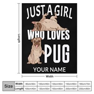 Personalized Pug Blanket with Name Text, Soft Fleece Flannel Pug Throw Blanket, Pug Lovers Gifts Fuzzy Cozy Warm Lightweight for Bed Couch Living Room (50"x60")