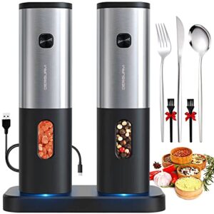 rechargeable electric salt and pepper grinder set with charging base, derguam stainless steel pepper grinder with rechargeable batteries, salt grinder with adjustable coarseness and led blue light