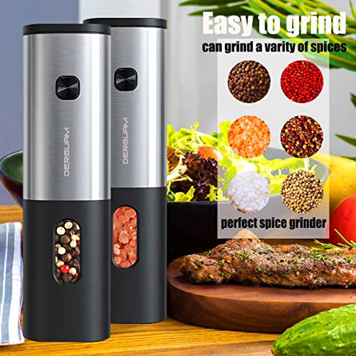 Rechargeable Electric Salt and Pepper Grinder Set with Charging Base, DERGUAM Stainless Steel Pepper Grinder with Rechargeable Batteries, Salt Grinder with Adjustable Coarseness and LED Blue Light