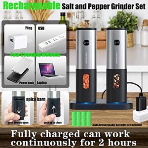 Rechargeable Electric Salt and Pepper Grinder Set with Charging Base, DERGUAM Stainless Steel Pepper Grinder with Rechargeable Batteries, Salt Grinder with Adjustable Coarseness and LED Blue Light