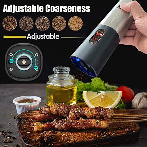 Rechargeable Electric Salt and Pepper Grinder Set with Charging Base, DERGUAM Stainless Steel Pepper Grinder with Rechargeable Batteries, Salt Grinder with Adjustable Coarseness and LED Blue Light