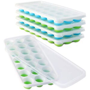 ice cube trays with lids bpa free, 4 pack easy release silicone ice cube trays for freezer 84 sphere ice tray with stackable no spill lids, dishwasher safe, blue & green