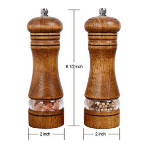 Haomacro Pepper Grinder,Wood Salt and Pepper Grinder Mills Sets, Classic Manual Salt Grinder Refillable Pepper Mill Sets with Acrylic Visible Window Adjustable Ceramic Grinding Rotor 6.5inch 2 Pack