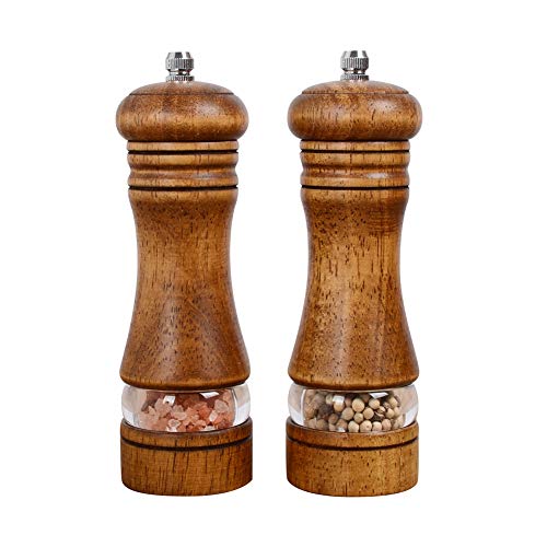 Haomacro Pepper Grinder,Wood Salt and Pepper Grinder Mills Sets, Classic Manual Salt Grinder Refillable Pepper Mill Sets with Acrylic Visible Window Adjustable Ceramic Grinding Rotor 6.5inch 2 Pack