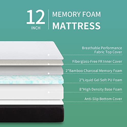 King Size Mattress,12 Inch Bamboo Charcoal Cooling Gel Memory Foam Mattress in a Box,Medium-Firm Mattress Made in USA,Pressure Relief & Temperature Regulation,Fiberglass-Free,CertiPUR-US Certified