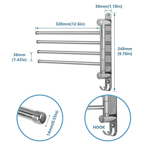 Swivel Bathroom Towel Rack JSVER Towel Rack Wall Mounted, SUS304 Stainless Steel Towel Bar, 4-Arm Space Saving Towel Hanger, Towel Racks for Bathroom, Kitchen