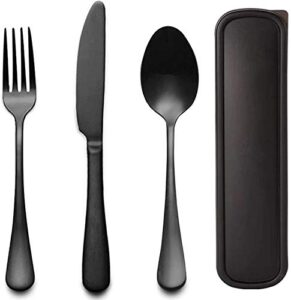 portable travel utensils set with case 18/8 stainless steel black silverware sets include knife fork and spoon with case reusable utensil set for lunch box and camping (black)