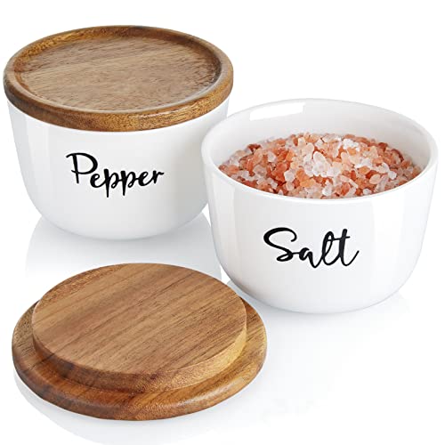 Salt and Pepper Bowls, DAYYET 10 oz Salt Cellar with Lid, Stacked Ceramic Salt Pepper Container with Acacia Wood Lid, Salt Box for Countertop, Modern Kitchen Decor, Set of 2, White