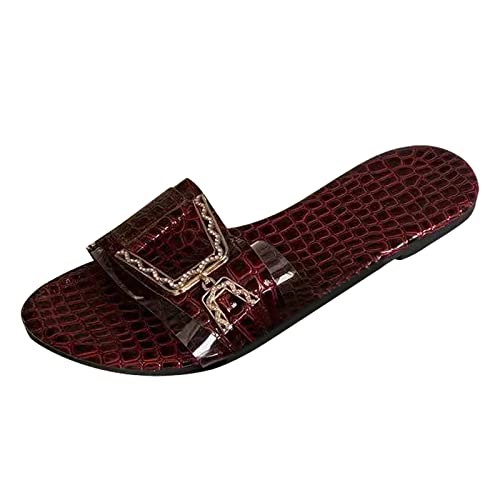 S Slippers for Women Size 7 Summer New Large Women's Shoes for Foreign Trade Casual Snakeskin PU Surface Rhinestone Buckle Low Heel Sandals (Red, 8)