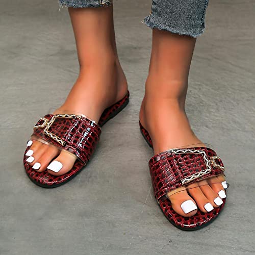 S Slippers for Women Size 7 Summer New Large Women's Shoes for Foreign Trade Casual Snakeskin PU Surface Rhinestone Buckle Low Heel Sandals (Red, 8)