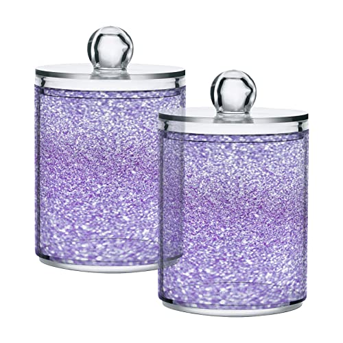 Purple Glitter Qtip Holder Dispenser Girly Bling Bathroom Canister Storage Organization 4 Pack Clear Plastic Apothecary Jars with Lids Vanity Makeup Organizer For Cotton Swab Ball Floss