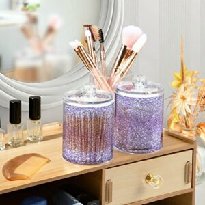 Purple Glitter Qtip Holder Dispenser Girly Bling Bathroom Canister Storage Organization 4 Pack Clear Plastic Apothecary Jars with Lids Vanity Makeup Organizer For Cotton Swab Ball Floss