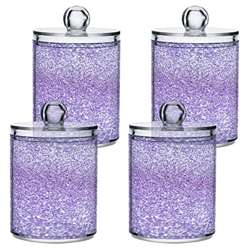 Purple Glitter Qtip Holder Dispenser Girly Bling Bathroom Canister Storage Organization 4 Pack Clear Plastic Apothecary Jars with Lids Vanity Makeup Organizer For Cotton Swab Ball Floss