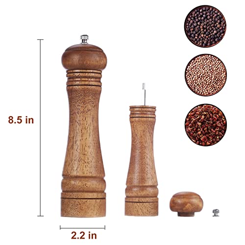 Wood Pepper Grinder Pepper Mill,Adjustable Coarseness Wooden Peppermill, Ceramic Grinding Mechanism Salt Mill Refillable - 8inch (1 Pack)