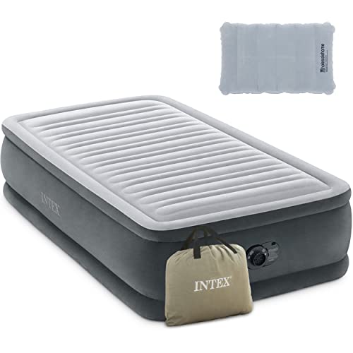 Intex Twin Air Mattress with Built in Pump - 18" Dura-Beam Deluxe Comfort Plush Twin Blow Up Mattress with Wholesalehome Inflatable Pillow for Camping, Travel and Home