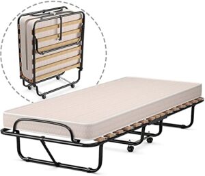 renatone folding bed with mattress, portable guest w/ 4 inch memory foam sturdy metal frame, rollaway cot size for adults, sleeper bedroom, living room, office, camping clear small single