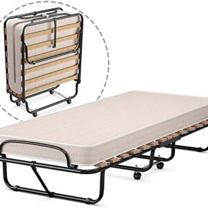 Renatone Folding Bed with Mattress, Portable Guest w/ 4 inch Memory Foam Sturdy Metal Frame, Rollaway Cot Size for Adults, Sleeper Bedroom, Living Room, Office, Camping Clear Small Single