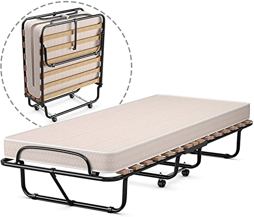 Renatone Folding Bed with Mattress, Portable Guest w/ 4 inch Memory Foam Sturdy Metal Frame, Rollaway Cot Size for Adults, Sleeper Bedroom, Living Room, Office, Camping Clear Small Single