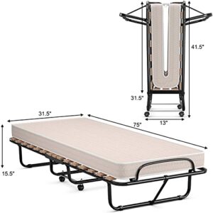 Renatone Folding Bed with Mattress, Portable Guest w/ 4 inch Memory Foam Sturdy Metal Frame, Rollaway Cot Size for Adults, Sleeper Bedroom, Living Room, Office, Camping Clear Small Single