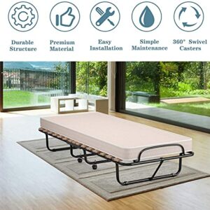 Renatone Folding Bed with Mattress, Portable Guest w/ 4 inch Memory Foam Sturdy Metal Frame, Rollaway Cot Size for Adults, Sleeper Bedroom, Living Room, Office, Camping Clear Small Single