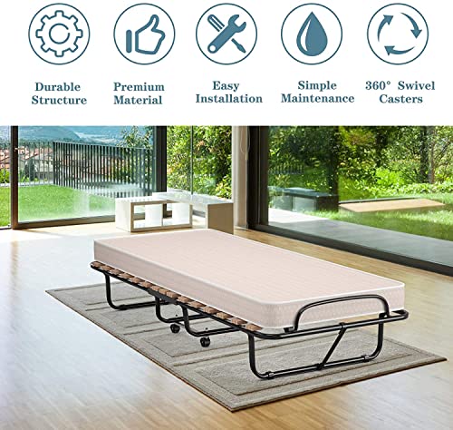 Renatone Folding Bed with Mattress, Portable Guest w/ 4 inch Memory Foam Sturdy Metal Frame, Rollaway Cot Size for Adults, Sleeper Bedroom, Living Room, Office, Camping Clear Small Single