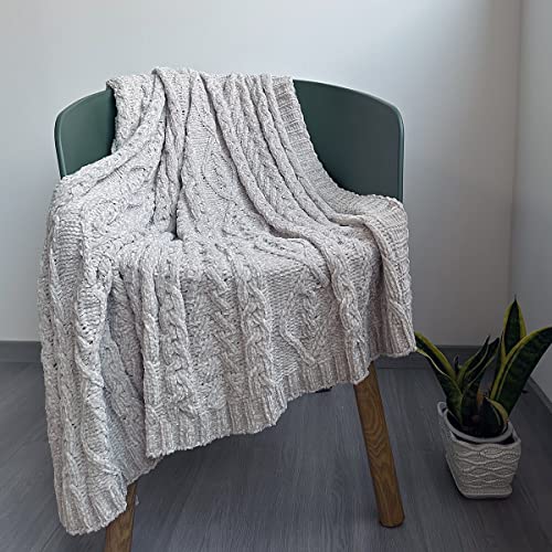 Knitted Luxury Chenille Throw Super Soft Throw Blanket for Sofa Bed All Season Decorative Couch Blanket 50x60 Light Grey