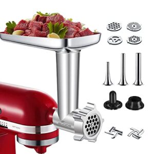 metal food grinder attachment for kitchenaid stand mixers, kitchen aid meat grinder included 3 sausage stuffer tubes, 4 grinding plates, 2 grinding blades, kubbe meat processor accessories