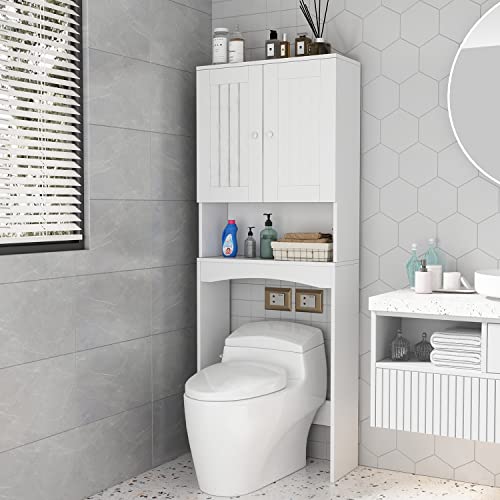 MIRACOL Over Toilet Storage Cabinet - 61.8" Tall with Adjustable Shelf Double Doors Freestanding Bathroom Cabinets Rack - Bathroom Storage Space Saver Organizer White