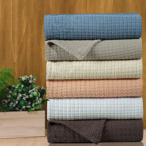 HILLFAIR 100% Cotton Throw Blankets- 50 x 60 inch- Skin Friendly, Soft, Lightweight and Breathable Throw Blanket Luxury Cotton Throws for Bed, Couch and Sofa, All Season Cotton Throw Blankets- Blue