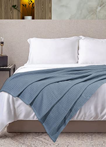 HILLFAIR 100% Cotton Throw Blankets- 50 x 60 inch- Skin Friendly, Soft, Lightweight and Breathable Throw Blanket Luxury Cotton Throws for Bed, Couch and Sofa, All Season Cotton Throw Blankets- Blue