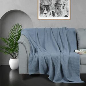 HILLFAIR 100% Cotton Throw Blankets- 50 x 60 inch- Skin Friendly, Soft, Lightweight and Breathable Throw Blanket Luxury Cotton Throws for Bed, Couch and Sofa, All Season Cotton Throw Blankets- Blue