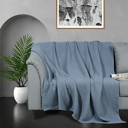 HILLFAIR 100% Cotton Throw Blankets- 50 x 60 inch- Skin Friendly, Soft, Lightweight and Breathable Throw Blanket Luxury Cotton Throws for Bed, Couch and Sofa, All Season Cotton Throw Blankets- Blue