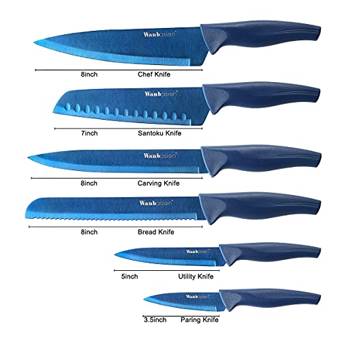 Wanbasion Blue Professional Kitchen Knife Chef Set, Kitchen Knife Set Stainless Steel, Kitchen Knife Set Dishwasher Safe with Sheathes