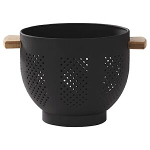 metal colander with wood handle, powder coated steel large kitchen strainer stable base (5.5 quart, matteblack)