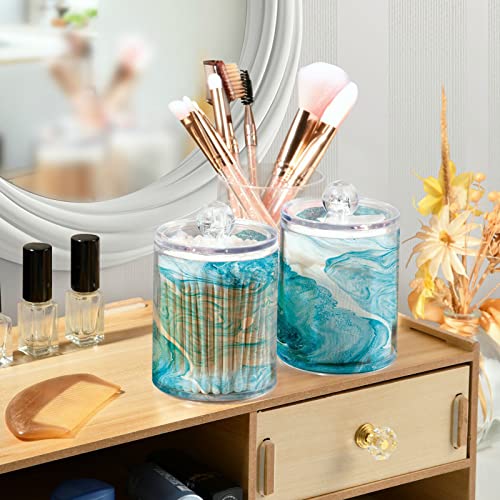 2 Pack Qtip Holder Organizer Dispenser Abstract Blue Marble Bathroom Storage Canister Cotton Ball Holder Bathroom Containers for Cotton Swabs/Pads/Floss