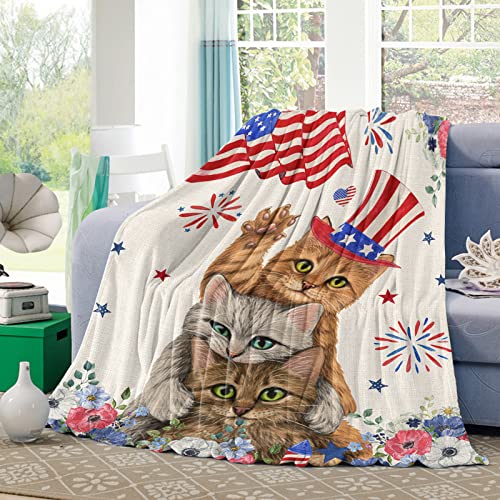 Flannel Fleece Throw Blanket Cute Cat USA Flag Independence Day Star Poppy Floral,Lightweight Cozy Warm Throws Patriotic Fireworks on Cotton,Soft Plush Blankets for All Seasons,Bed Couch Car 50x60in