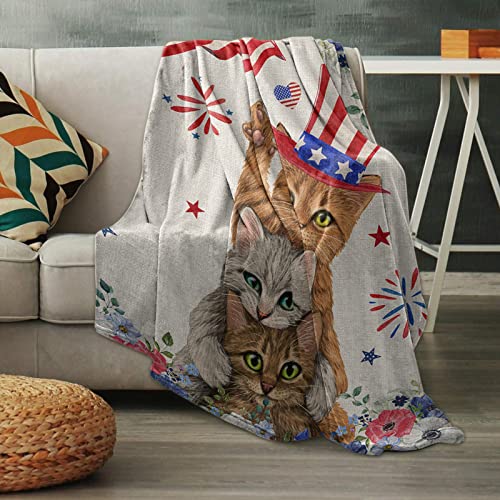 Flannel Fleece Throw Blanket Cute Cat USA Flag Independence Day Star Poppy Floral,Lightweight Cozy Warm Throws Patriotic Fireworks on Cotton,Soft Plush Blankets for All Seasons,Bed Couch Car 50x60in