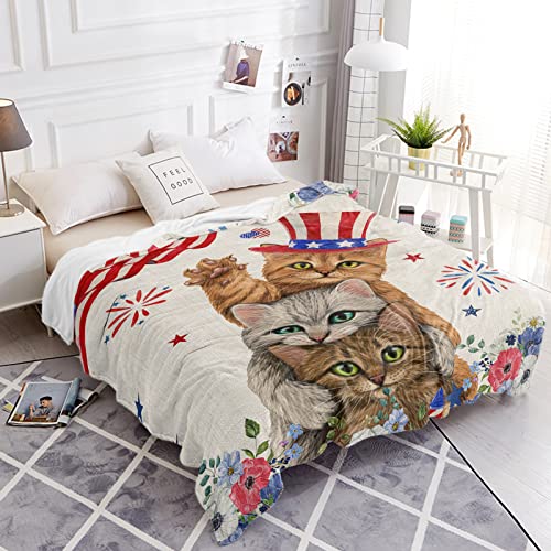 Flannel Fleece Throw Blanket Cute Cat USA Flag Independence Day Star Poppy Floral,Lightweight Cozy Warm Throws Patriotic Fireworks on Cotton,Soft Plush Blankets for All Seasons,Bed Couch Car 50x60in